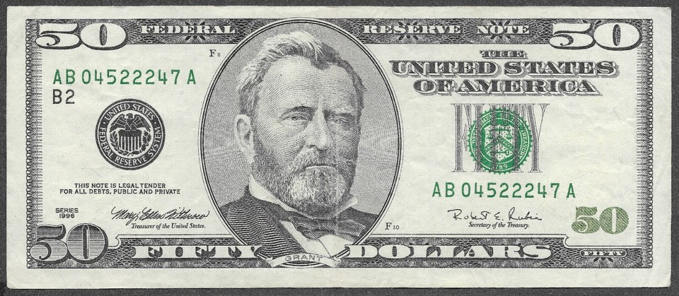 1996 $50 US Fifty Dollar Bill 'Monochrome' Note (NYC Federal Reserve ...