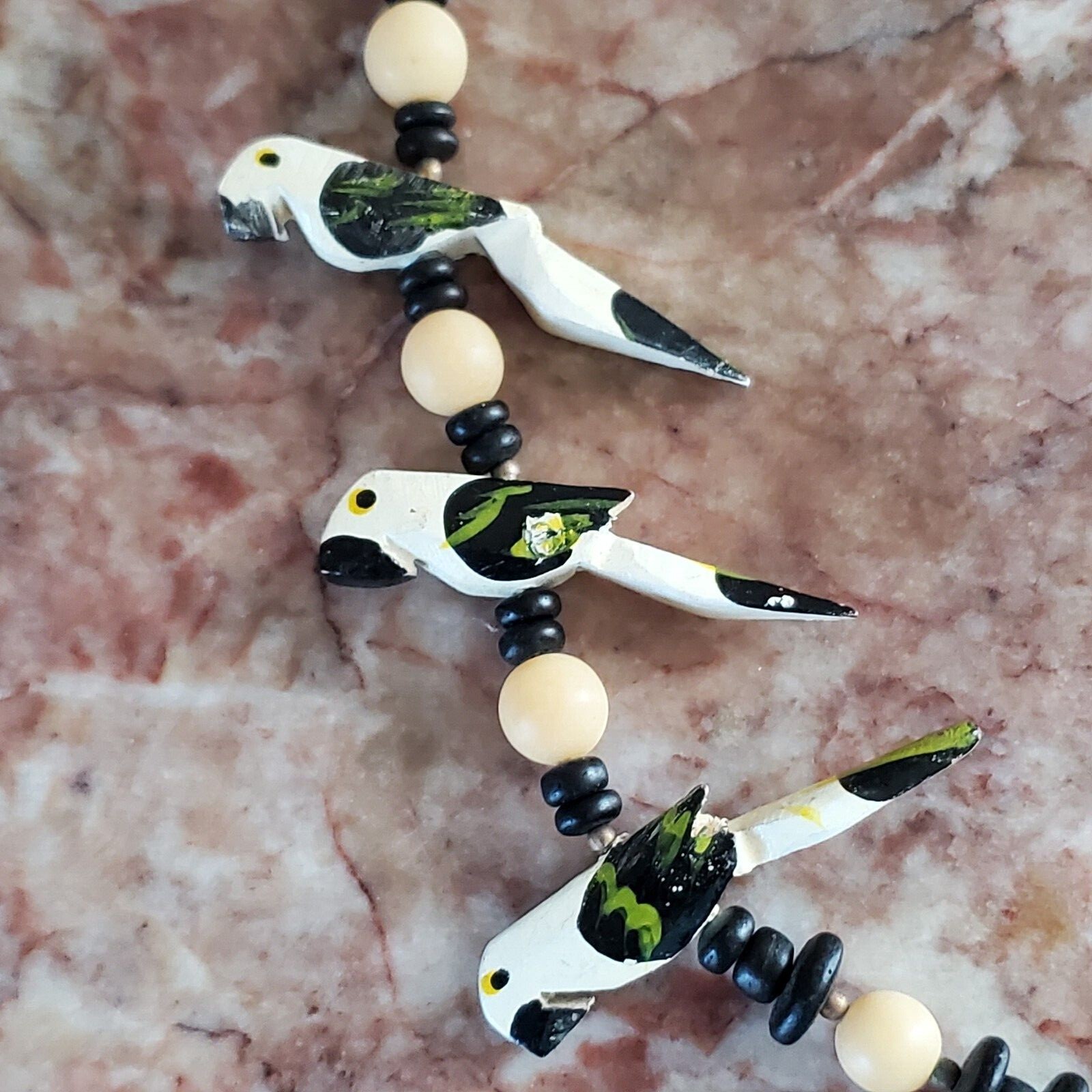 Vintage Tropical Hand Carved Wood Parrots and Beads B… - Gem