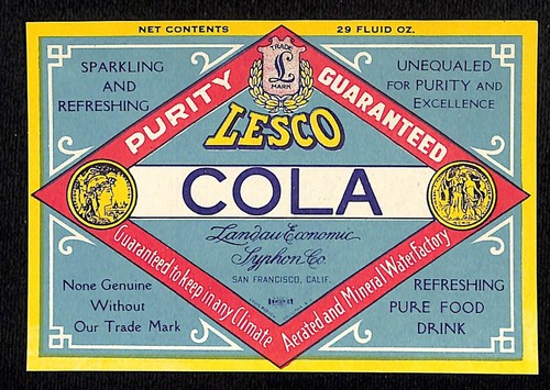 Lesco Beverages Cola Soda Water Paper Label Landau c1930's-40's | eBay