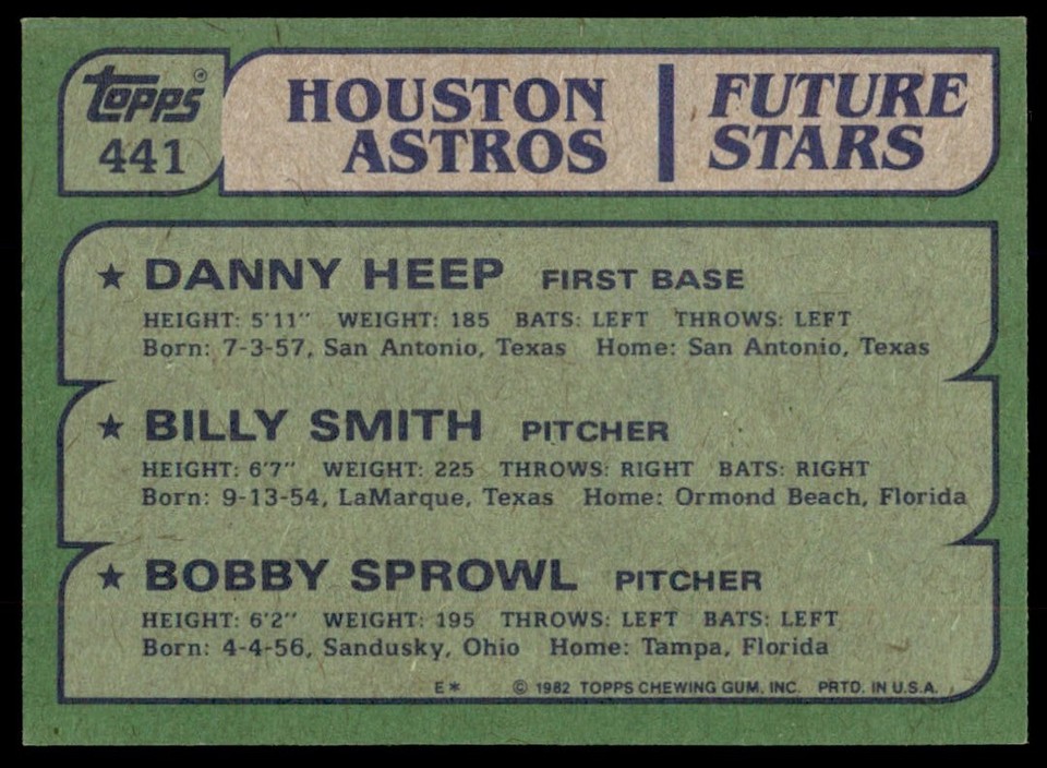 1982 Topps Astros Future Stars - Danny Heep/Billy Smith/Bobby Sprowl RC ...