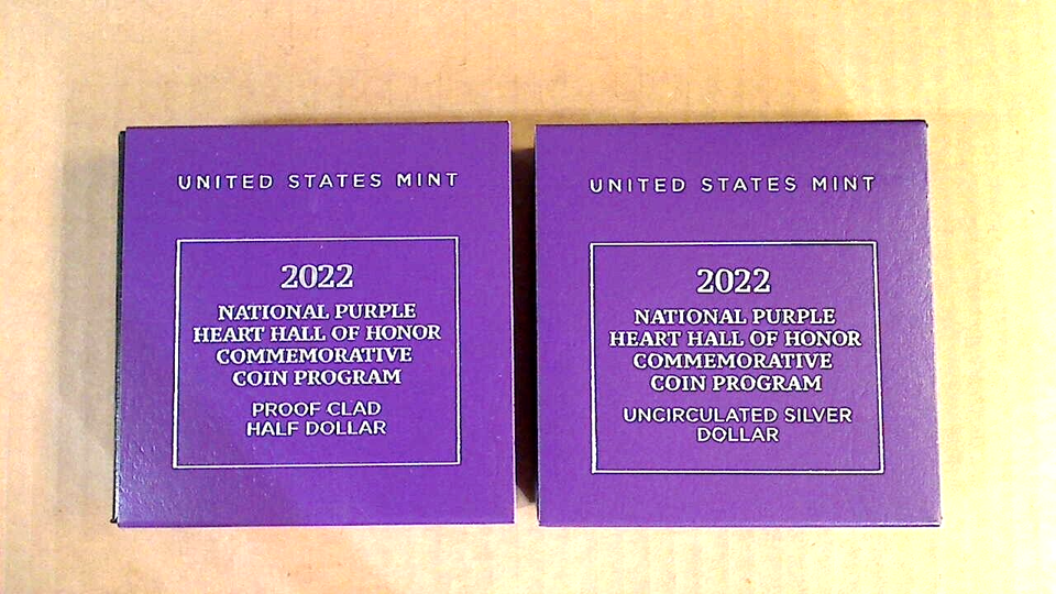 SPECIAL 2022 W PURPLE HEART PROOF & UNCL SILVER DOLLAR COIN SET US MINT ...