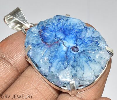 Blue Solar Quartz Gemstone 1.8" Handmade Pendant 925 Silver Plated U478 ...