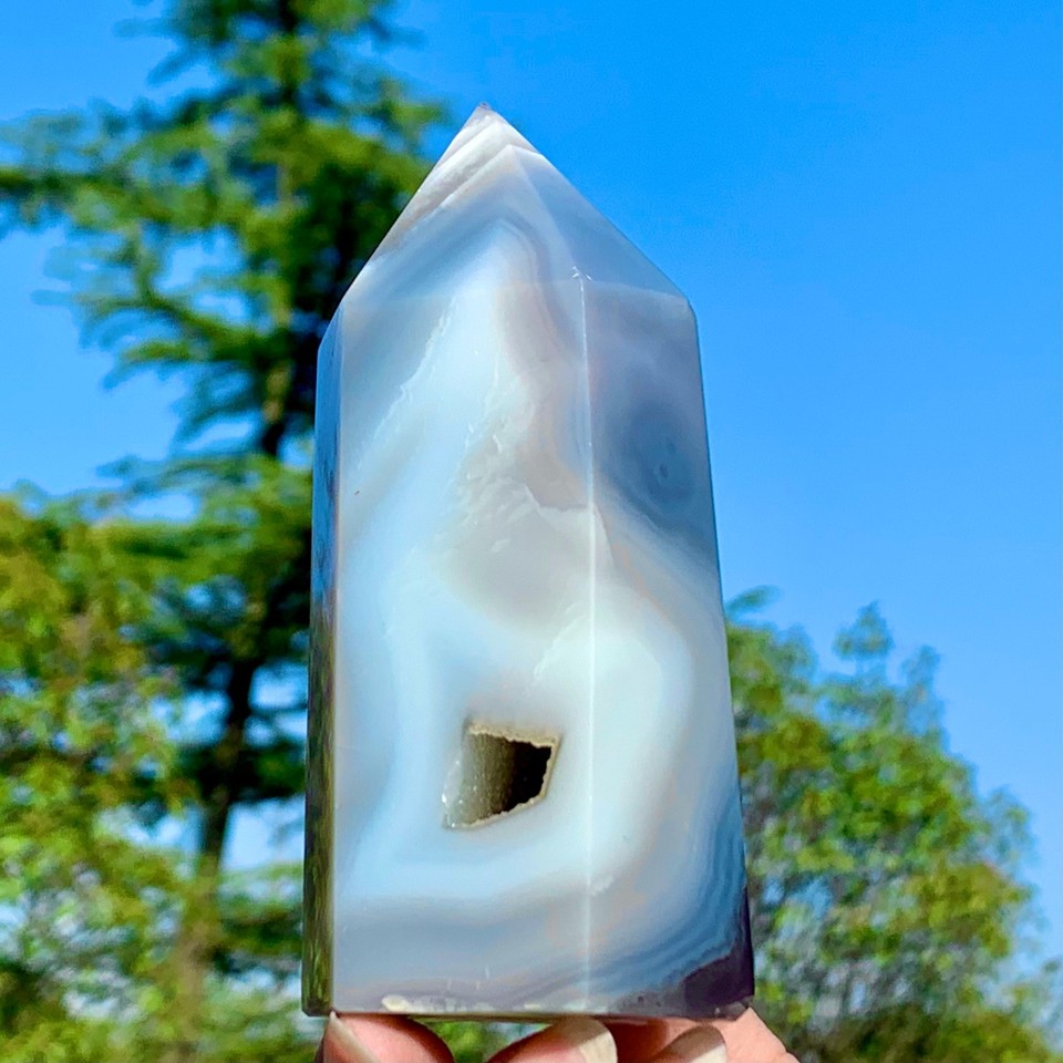 326G Natural Grey Agate Crystal Cave Obelisk Quartz Energy Column ...