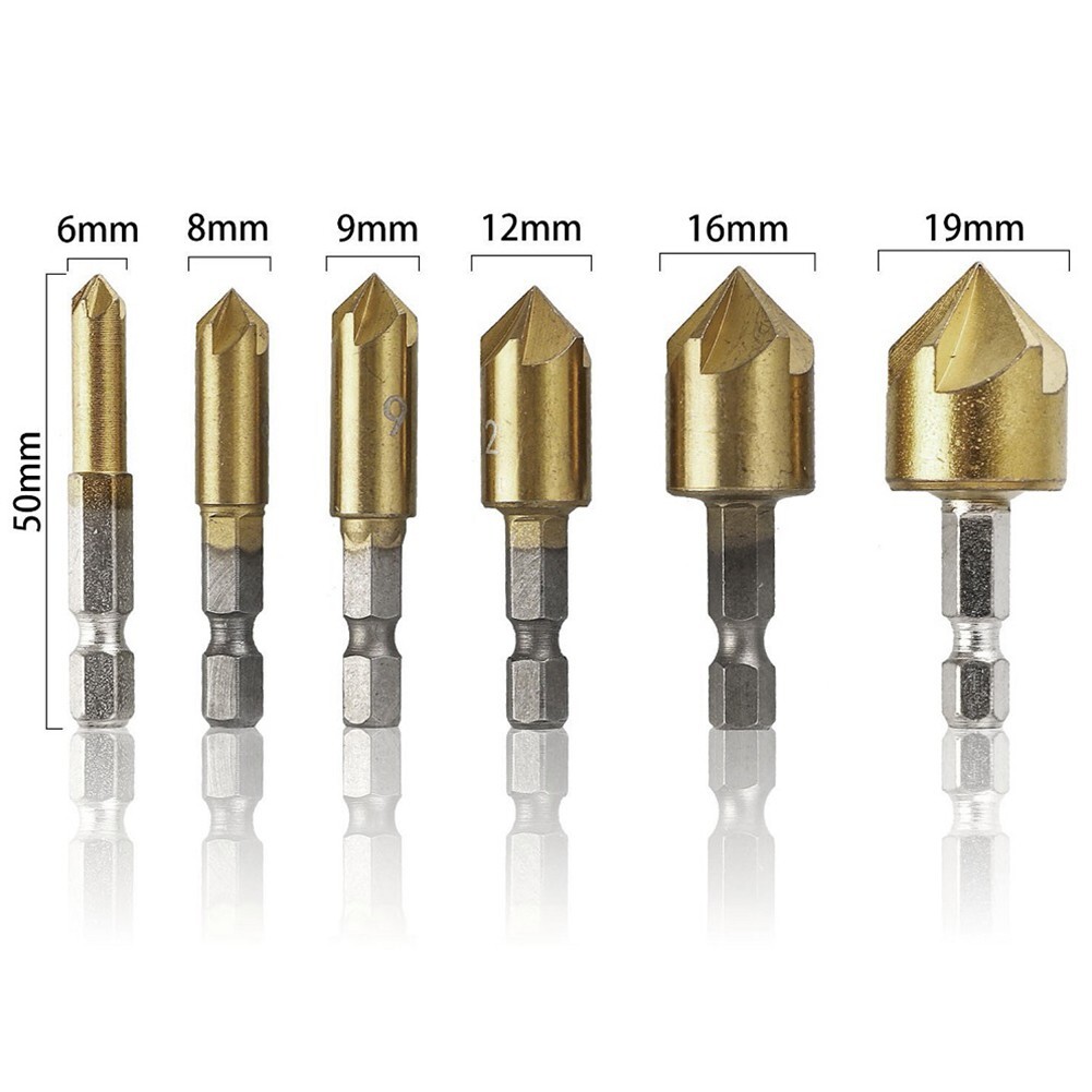 HSS Countersink Drill Bit Set 6mm 19mm Hex Shank 5 Flute Chamfering ...