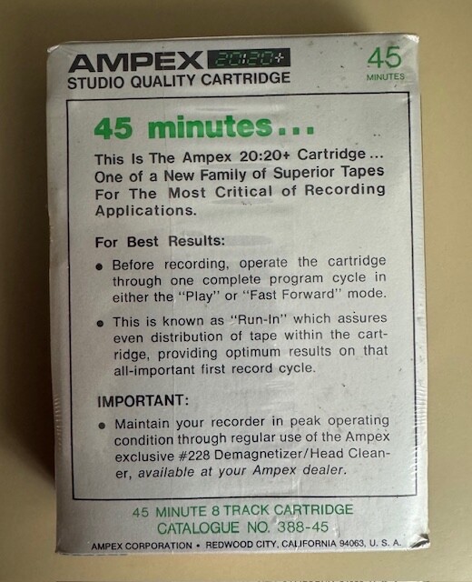 8 Track Cartridges Blank Tapes 45 Minutes 2pk AMPEX Studio Quality NEW ...