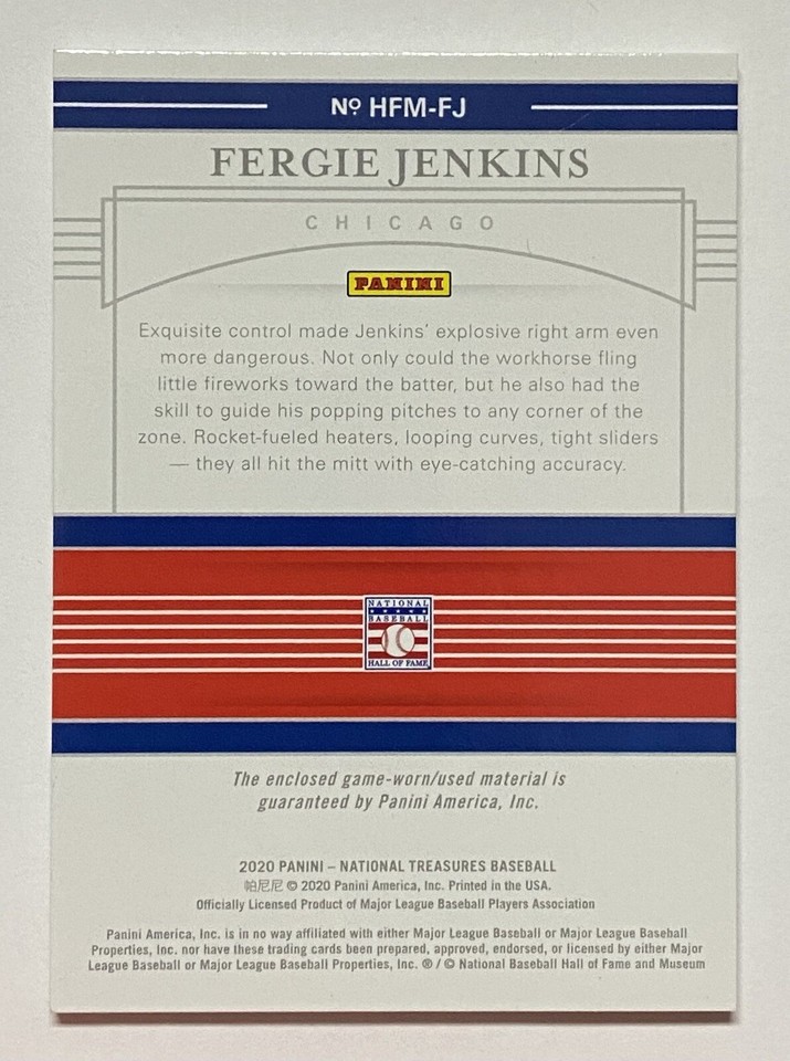 2020 Panini National Treasures Fergie Jenkins HOF Materials patch /99 ...