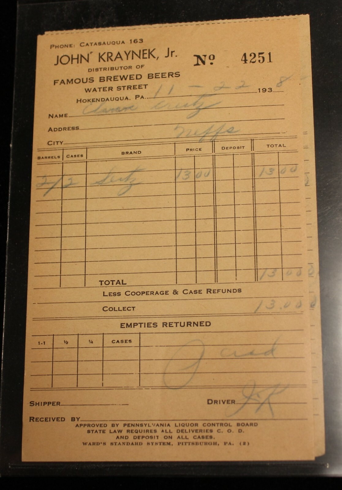 VINTAGE RECEIPT FROM JOHN KRAYNEK JR. DISTRIBUTOR OF FAMOUS BREWED ...