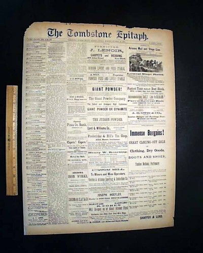 Rare TOMBSTONE Epitaph Pre Gunfight at the O.K. Corral AZ Arizona 1881 ...