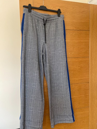 Mark & Spencer Grey Check Wide Trousers Blue Stripe Size 14 Regular Zip ...