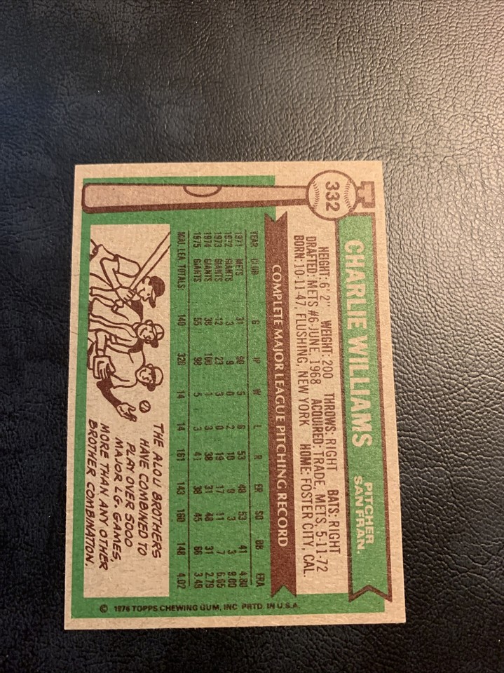 #332 Charlie Williams San Francisco Giants 1976 Topps Cb7 | eBay