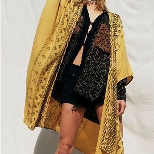 Free People Mustard Black Tribal Aztec Western Boho Print Duster Kimono ...
