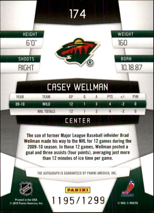 2010-11 Certified #174 Casey Wellman AU Rookie Hockey Card /1299 | eBay