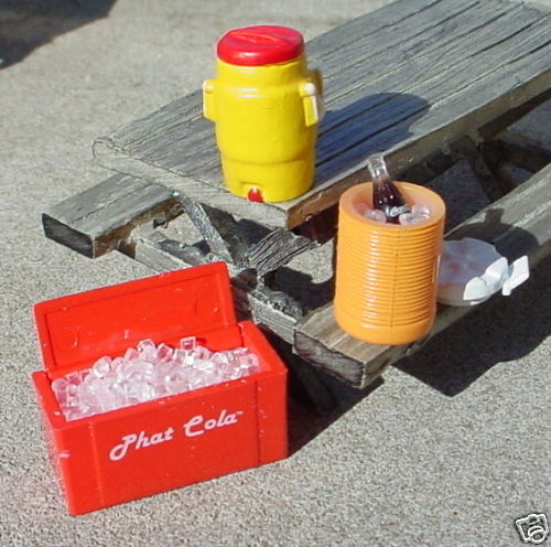 3 Miniature Coolers and Coca Cola Bottle on Ice 1/24 Scale G Scale ...