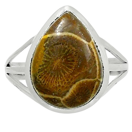Natural Flower Fossil Coral 925 Sterling Silver Ring Size 9 Brown ...