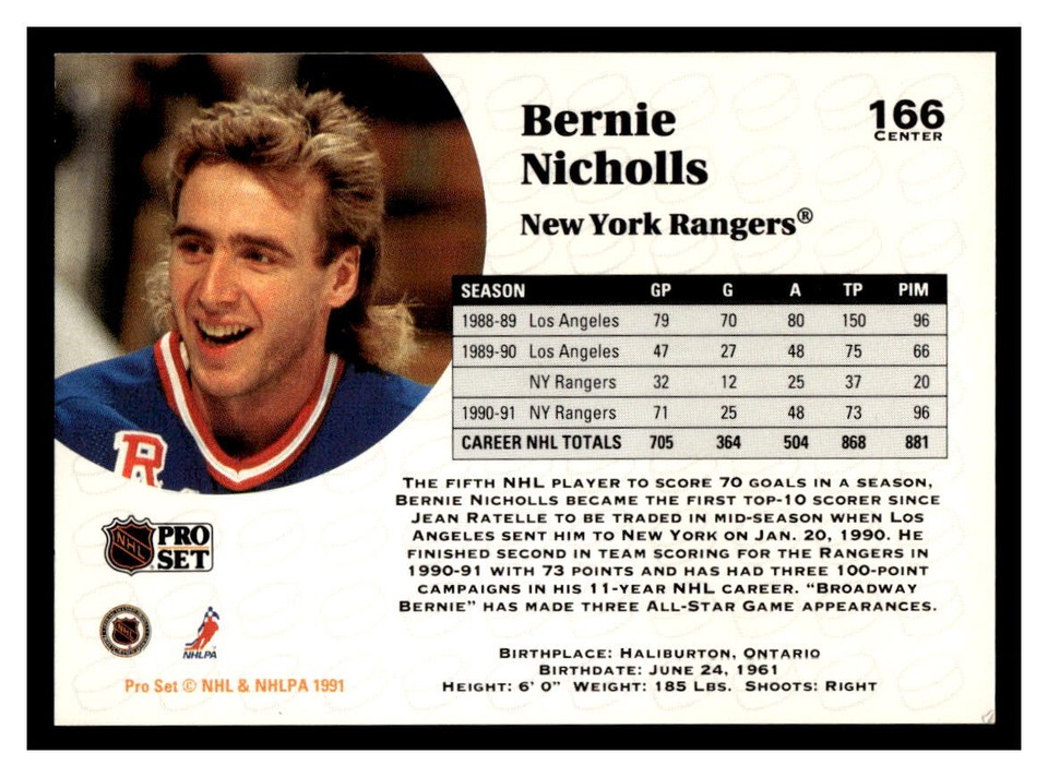 1991 Pro Set #166 Bernie Nicholls - New York Rangers | eBay
