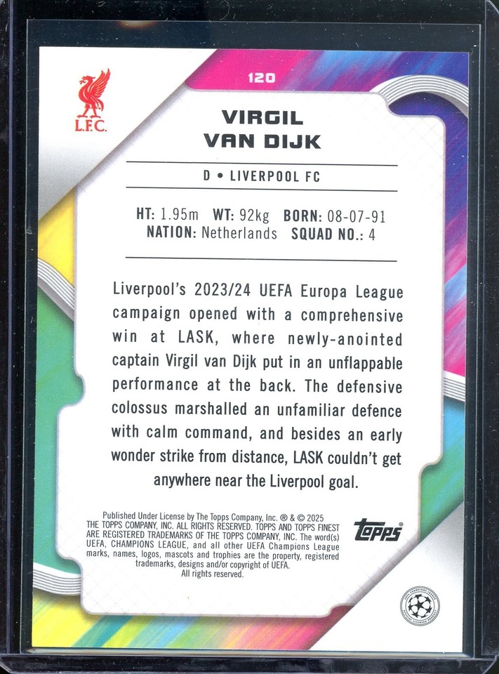 2024-25 Topps Finest UEFA #120 Virgil Van Dijk Purple Lava Refractor ...