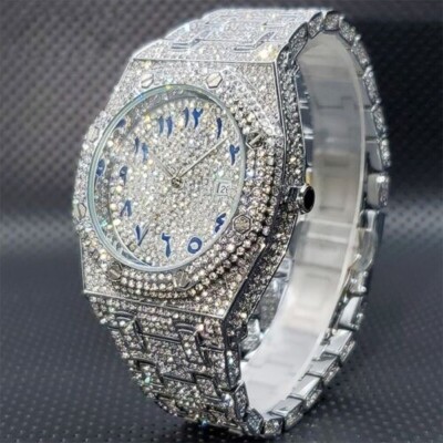 Arabic Hip Hop Luxury Ice out Men Watch Iced Bling Silver Cz Diamond ...