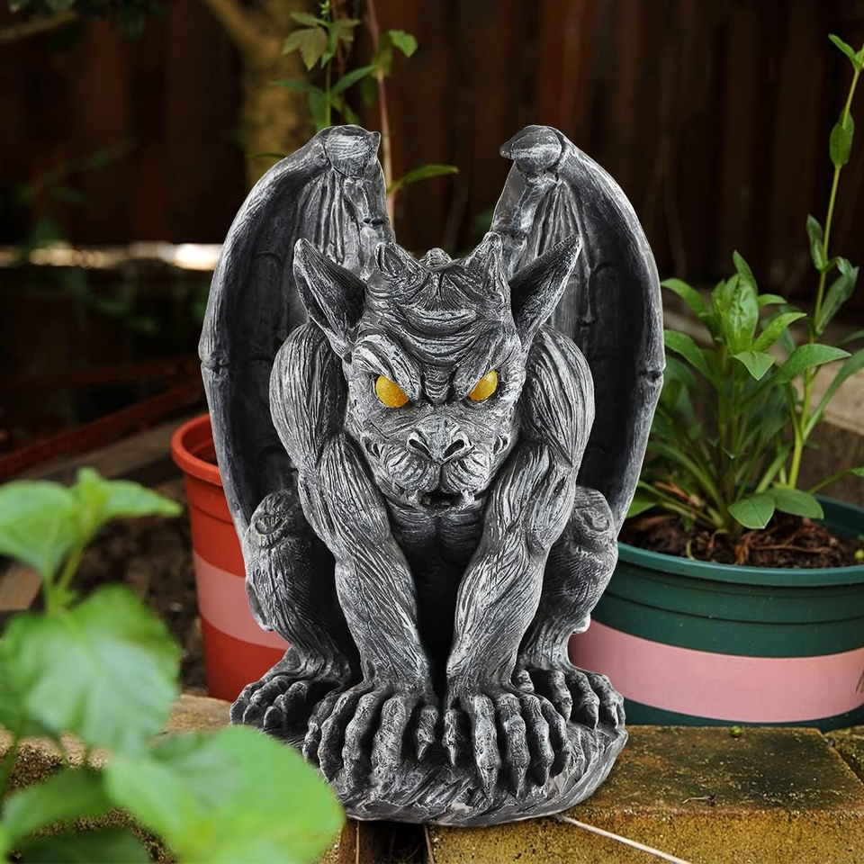Large Winged Gargoyle Statue with Solar Lights Outdoor Decor, Sitting ...