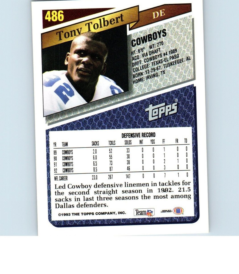 Tony Tolbert 486 Cowboys 1993 Topps NFL Football Trading Card | eBay