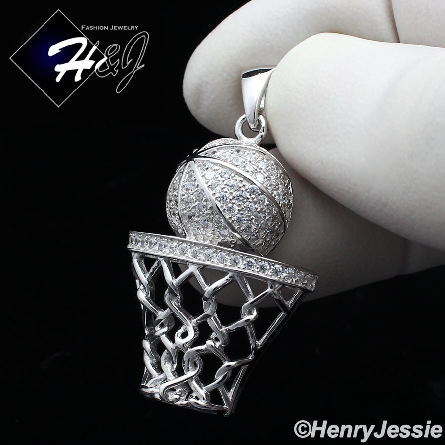 MEN SOLID 925 STERLING SILVER ICY BLING CZ SILVER BASKETBALL HOOP ...