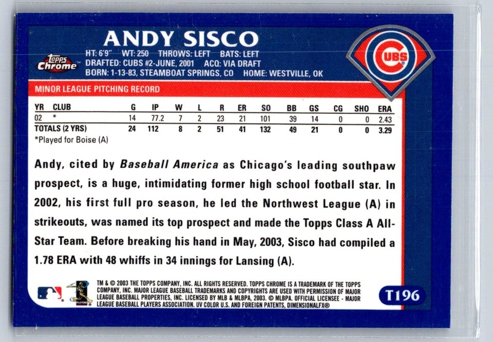 Andy Sisco 2003 Topps Traded & Rookies Chicago Cubs T196 RC | eBay