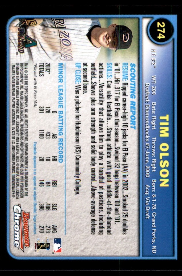 2003 Bowman Chrome Tim Olson Rookie . Arizona Diamondbacks #274 | eBay