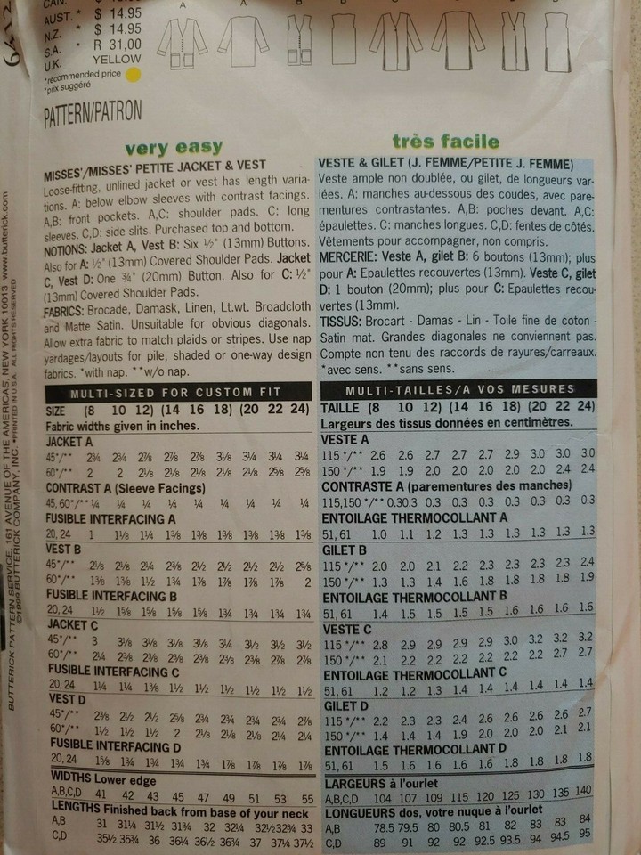 Butterick 6412 Misses' Unlined Jacket Vest Sizes 14 16 18 Pattern Plus ...