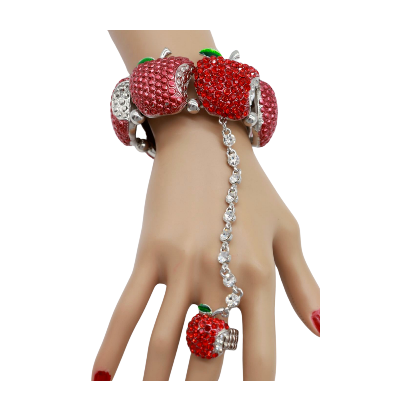 Women Silver Metal Hand Chain Red Apples Bracelet Bling Ring Halloween ...