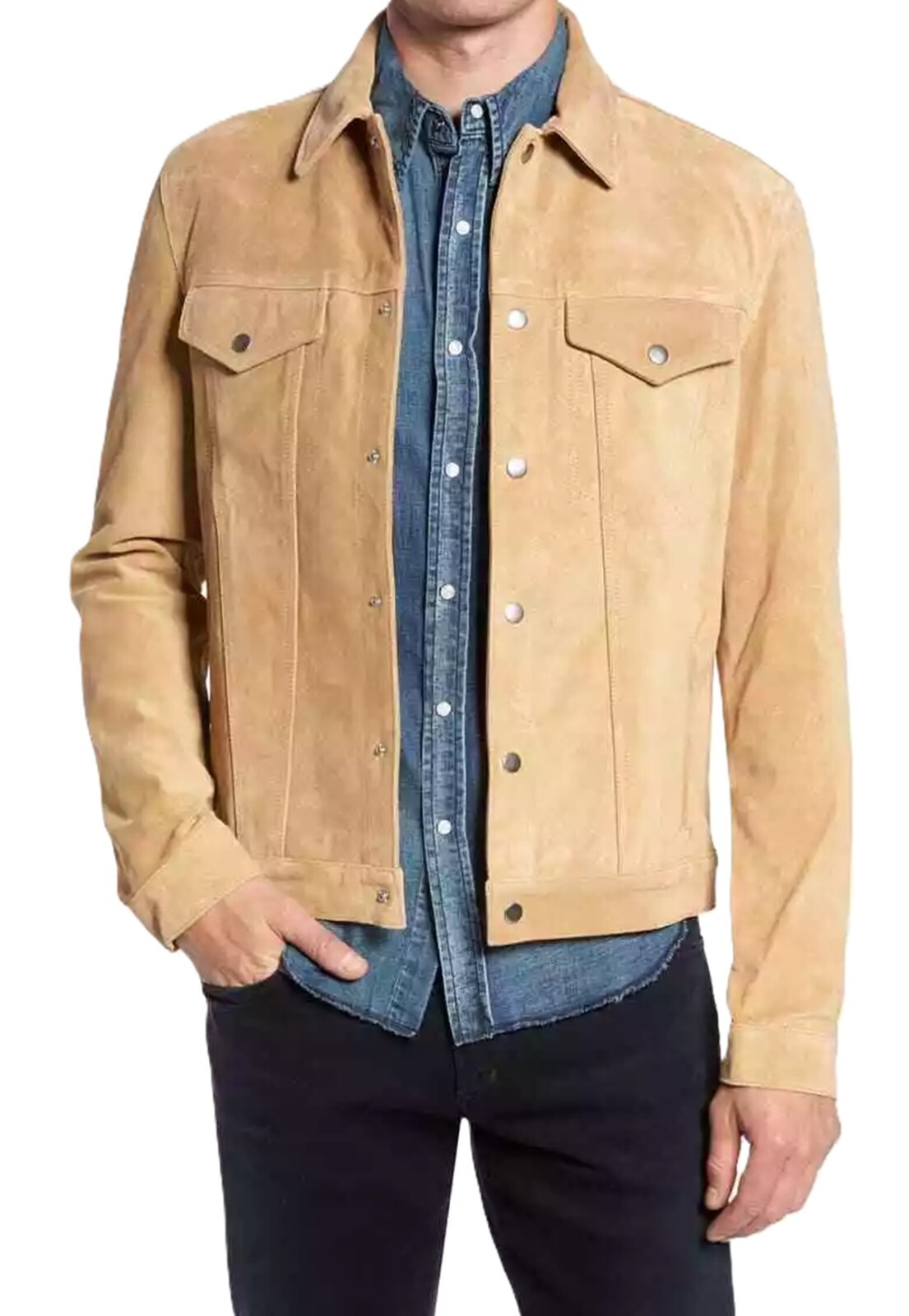 Men's Beige Suede Trucker Jacket 100% Real Suede Leather Denim Style ...