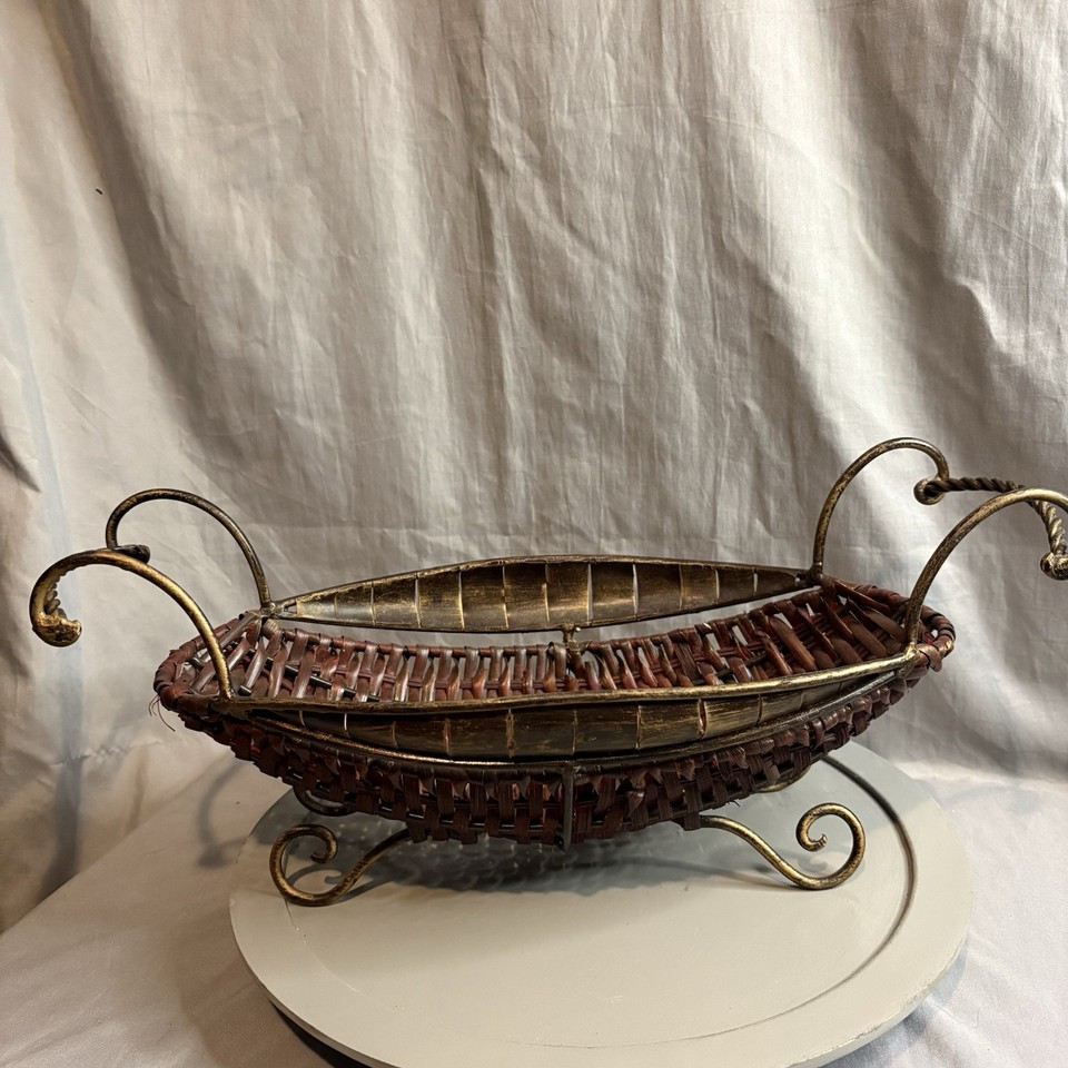 Wicker Basket Metal Curled Feet and Handles Oval MC Design Large BOHO ...