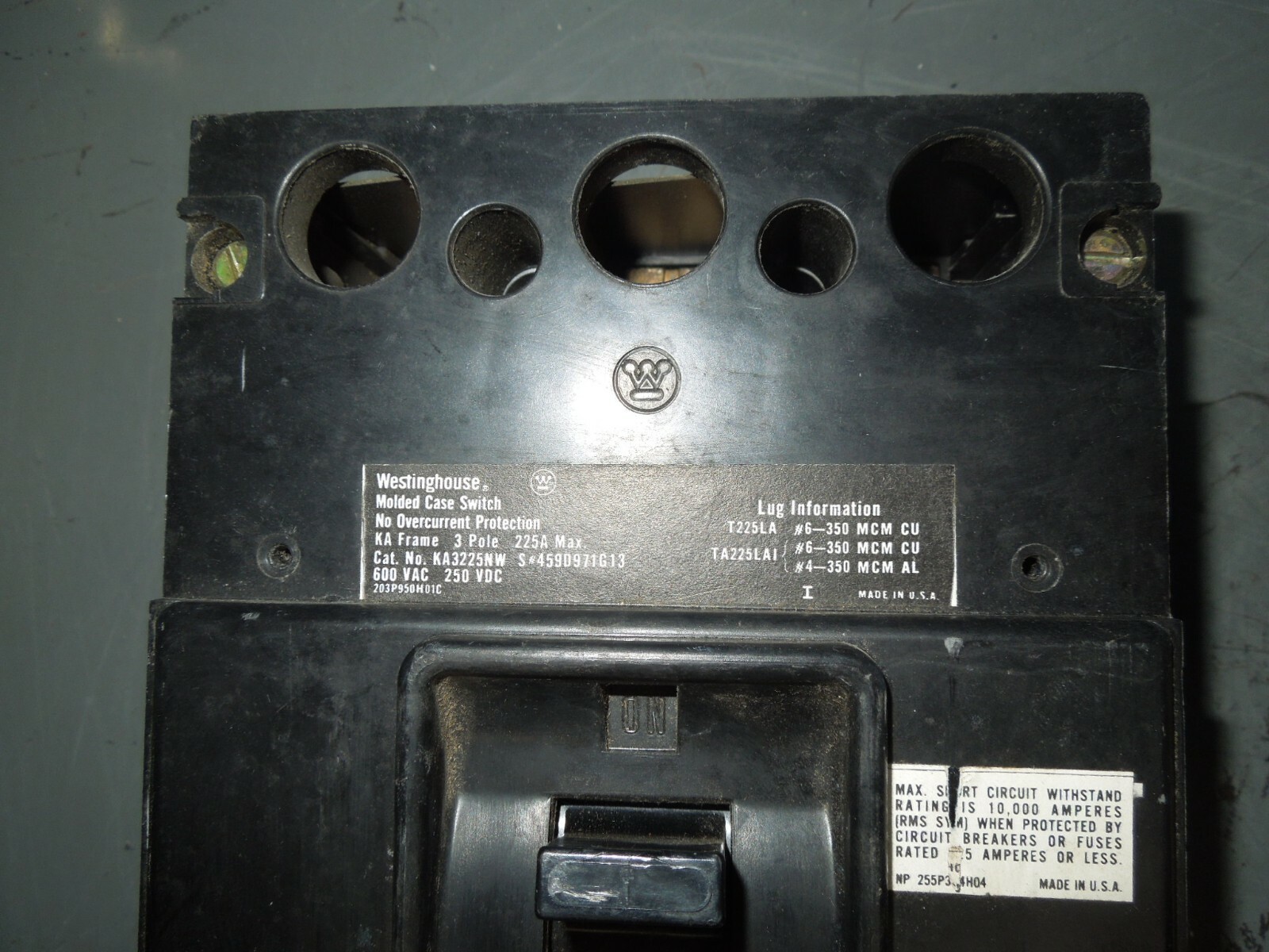 Westinghouse KA3225NW 225A 3P 600V Molded Case Switch Style# 459D971G13 ...