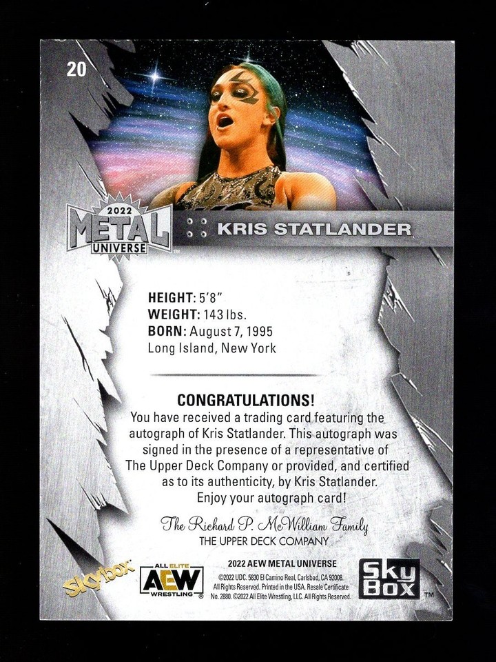 2022 UPPER DECK SKYBOX AEW METAL UNIVERSE AEW #20 KRIS STATLANDER AUTO ...
