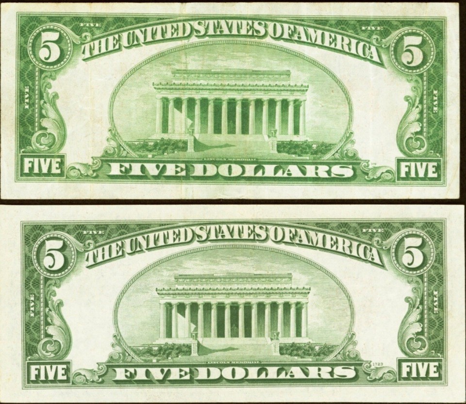 1928 $5 BILL RED SEAL VERY FINE CONDITION. A SECOND 1928E $5 DOLLAR ...