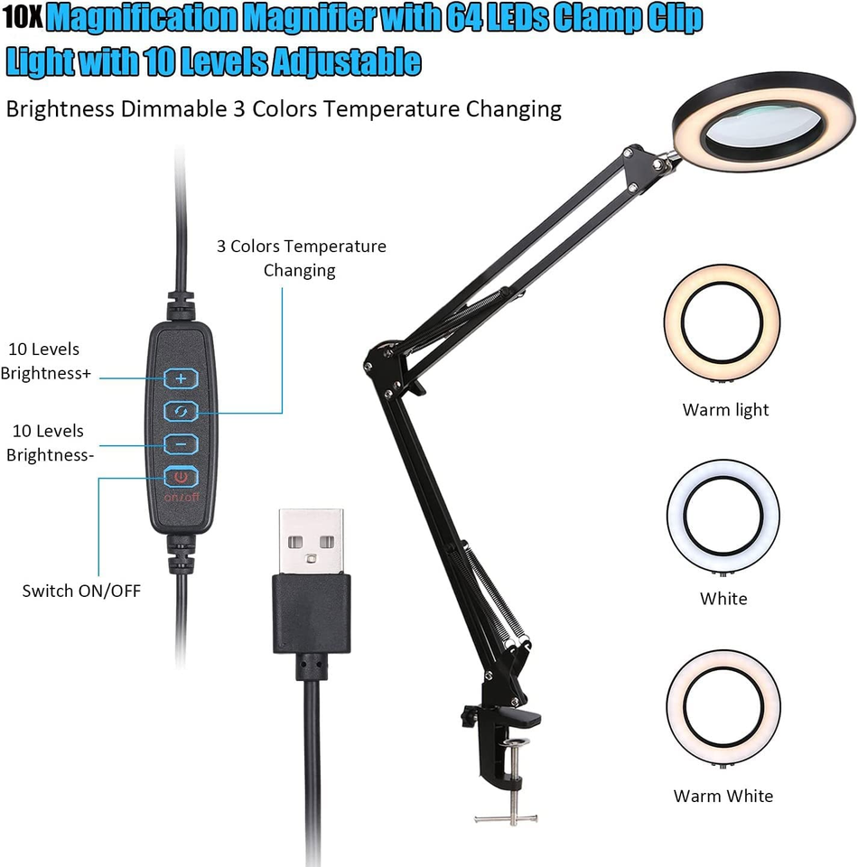 Meichoon Magnifying Glass Desk Lamp,10X Glass Lens,64 LED Lights,3 ...
