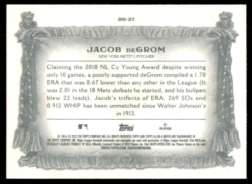Jacob deGrom 2022 Allen & Ginter Topps Banner Season Insert Card Cy ...