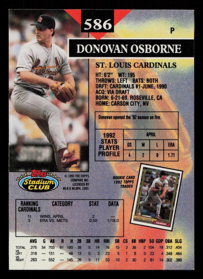 1993 Stadium Club Donovan Osborne #586 St. Louis Cardinals Baseball ...