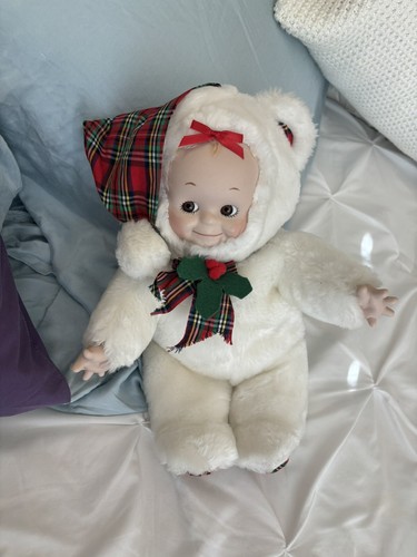 Porcelain Stuffed Kewpie White Christmas Bear Doll Red Green Tartan ...