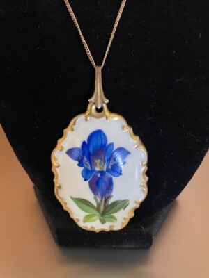 Rosenthal Pendant on 12K Gold Chain, Hand painted Alpine Gentian Gold ...