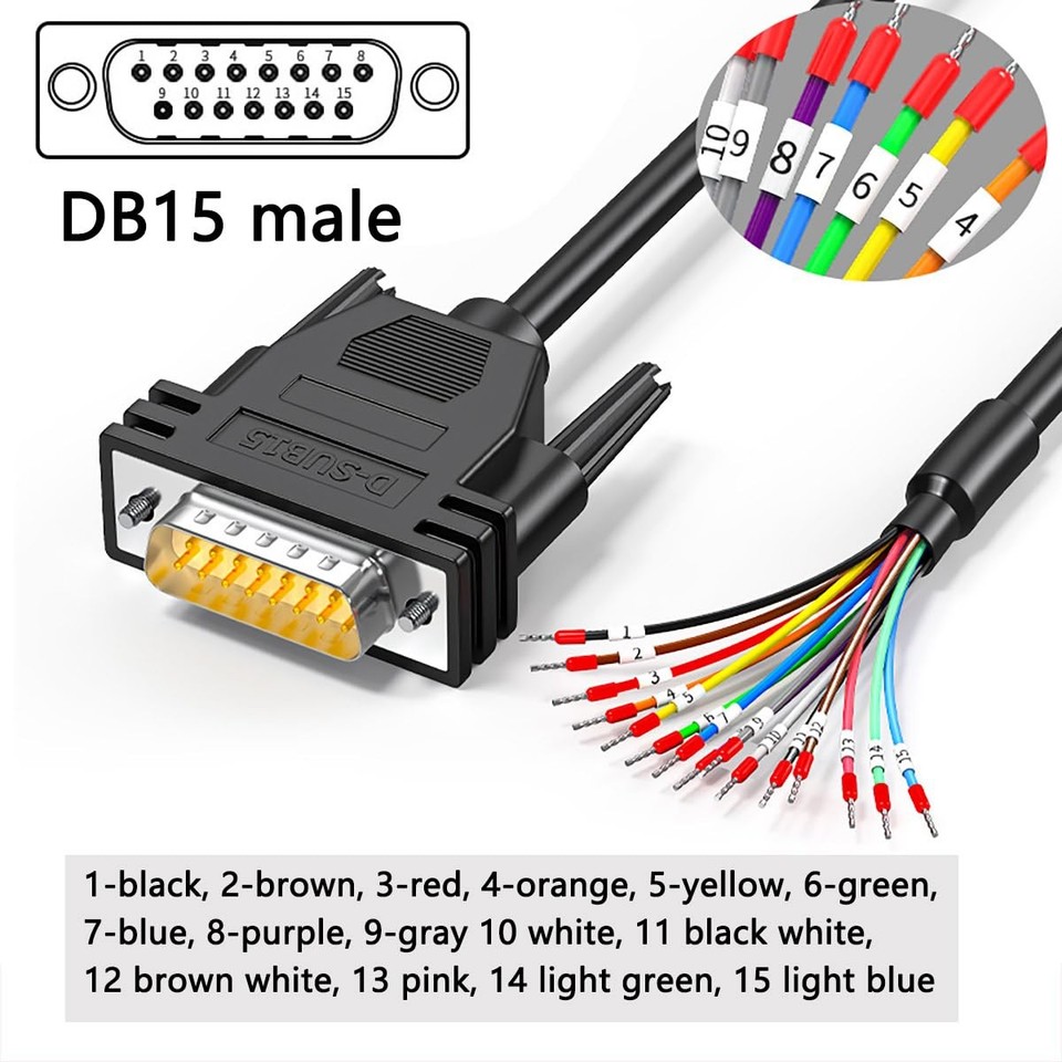 DB15 Male to Bare Wire with Cable Marker 3.3ft,D-SUB 15-Pin Connector ...