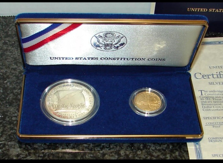 1987 U.S. Mint Constitution Coins Proof Set Silver Dollar & Gold Five ...