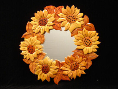 Hand crafted 3D Intarsia Wood Art SUNFLOWER Wreath Wall Mirror Sun ...