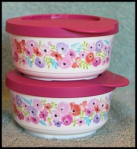 TUPPERWARE ART OF SPRING 2 ROUND SNACK BOWLS PINK SNAP-TOGETHER SEALS 6 ...