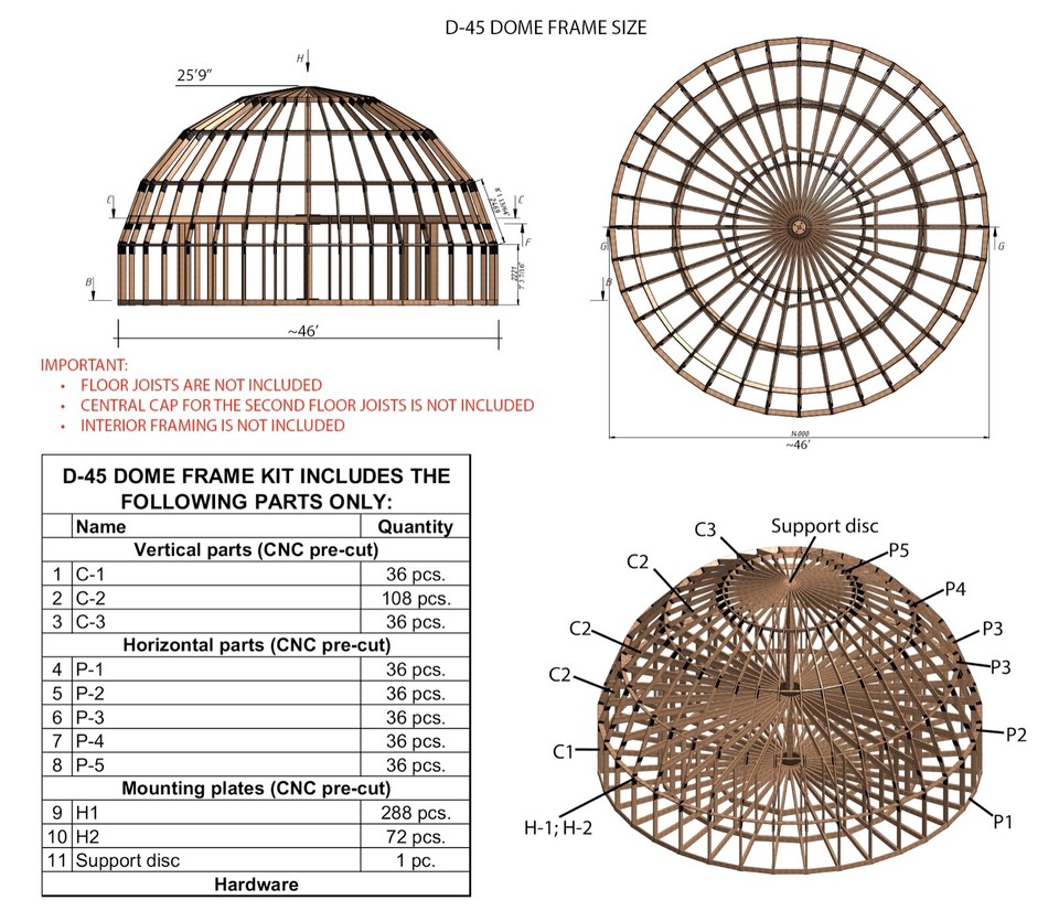 MOON HOUSE 45' DIAM DOME FRAMING KIT 2345 sq.ft WOOD PREFAB DIY HOME ...