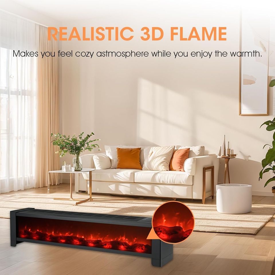 1500W Portable Electric Baseboard Heater with 3D Flame & Timer | eBay