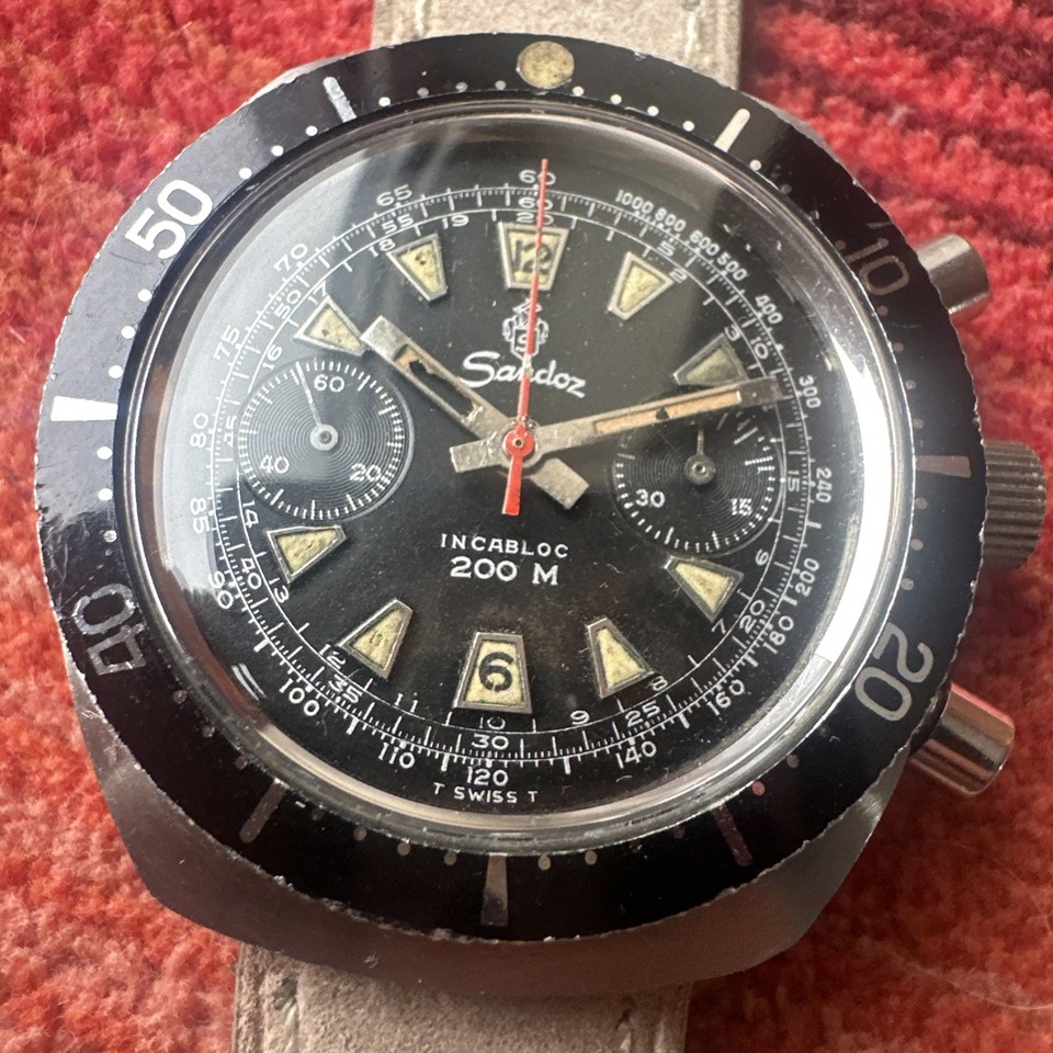 Vintage 40mm Sandoz Chronograph Divers Watch Tropical Dial Nice Patina ...