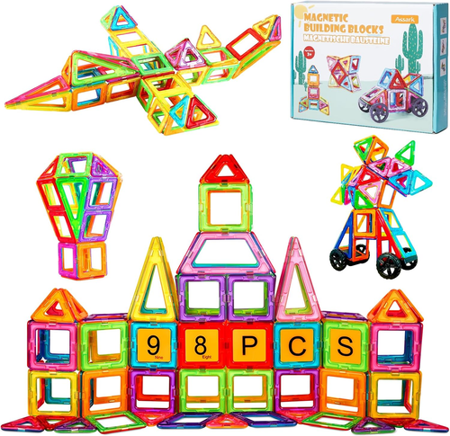 Magnetic Tiles, 98PCS Magnetic Blocks Set STEM Toys with 2 Cars ...