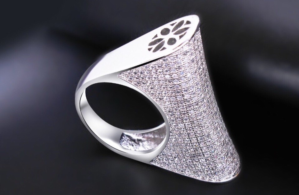 18k White Gold Plated Big Ring made w Swarovski Crystal Stone Bold ...