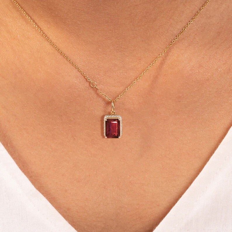14k Yellow Gold 1.70CT Emerald Cut Natural Ruby & Diamond Pendant 18 ...