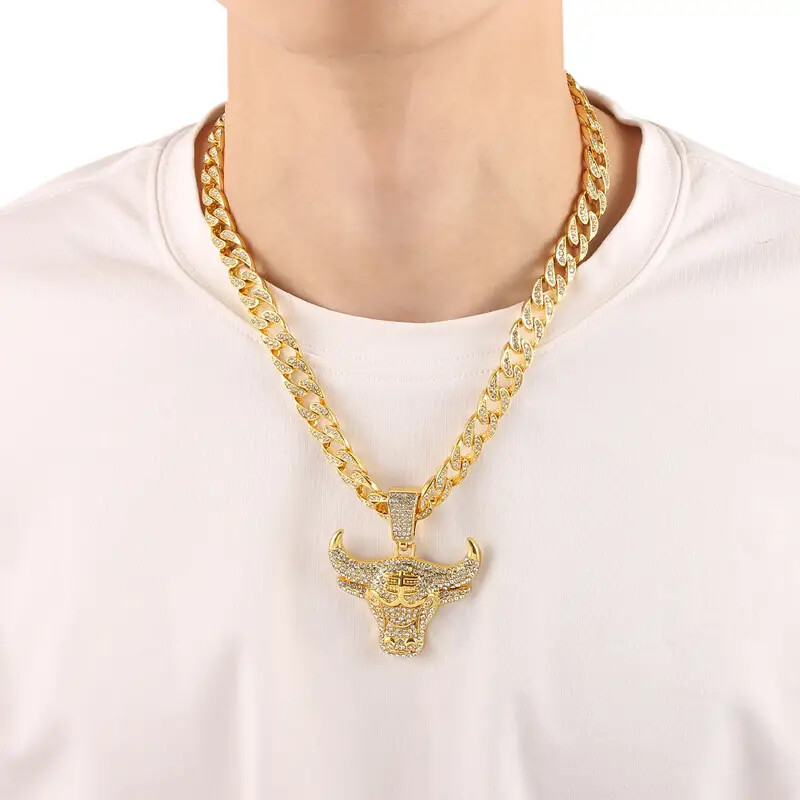 Hip Hop Gold Plated BULL Pendant & 15mm Iced Cuban Cubic Zirconia Chain ...