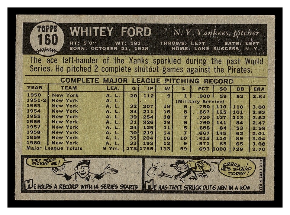 1961 TOPPS WHITEY FORD #160 HOF NEW YORK YANKEES MID HIGHER GRADE NICE ...